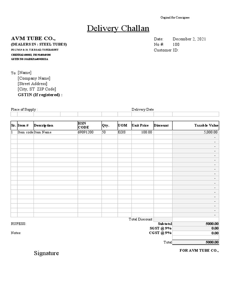 Delivery Challan Format Excel Pdf