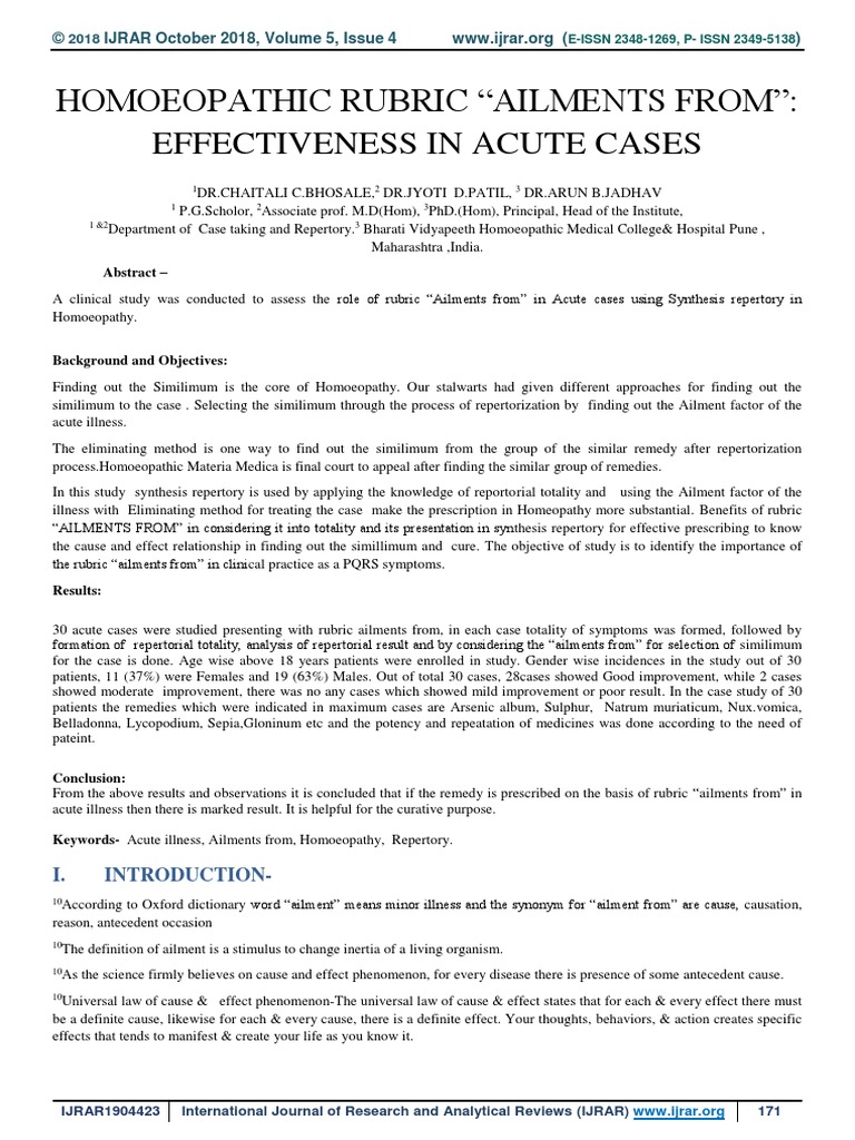 Homoeopathic Rubric "Ailments From": Effectiveness in Acute Cases | PDF ...