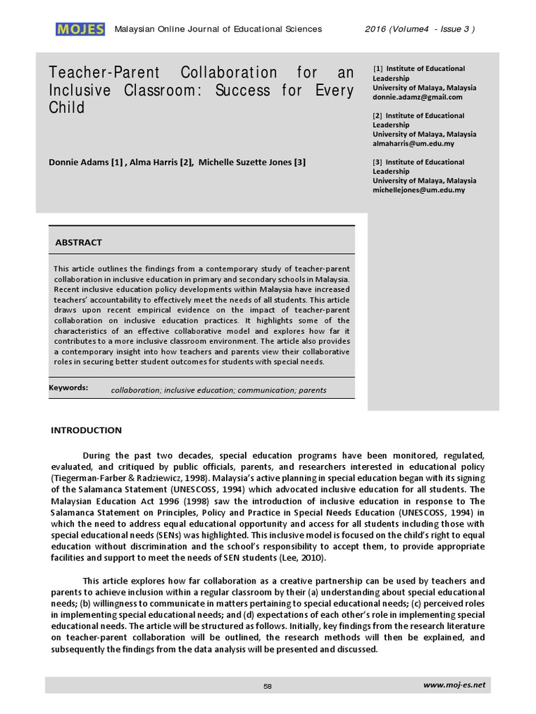 Teacher-Parent Collaboration For An Inclusive Classroom: Success For ...
