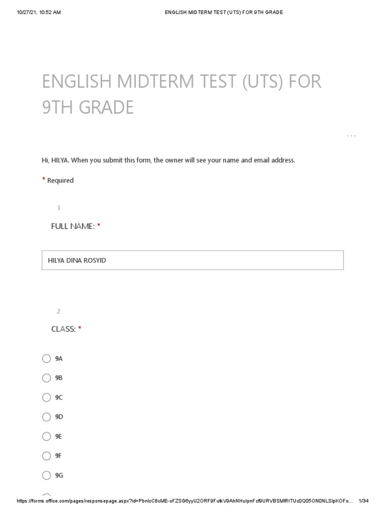 English Midterm Test (Uts) For 9Th Grade: Full Name | PDF | Tea | Cakes