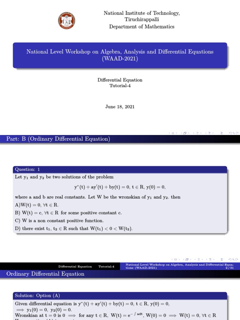 Differential Equation Tutorial CSIR NET | PDF | Equations | Ordinary Differential Equation