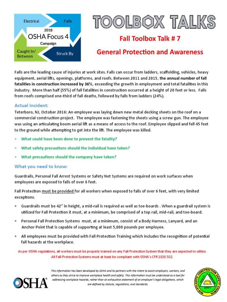 Fall Toolbox Talk 7 - General Awareness | PDF | Occupational Safety And ...