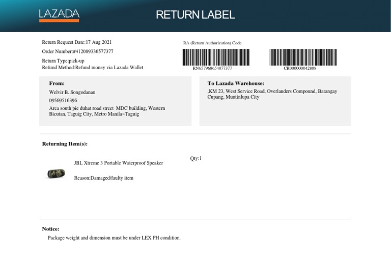 Returnlabel: To Lazada Warehouse: From | PDF