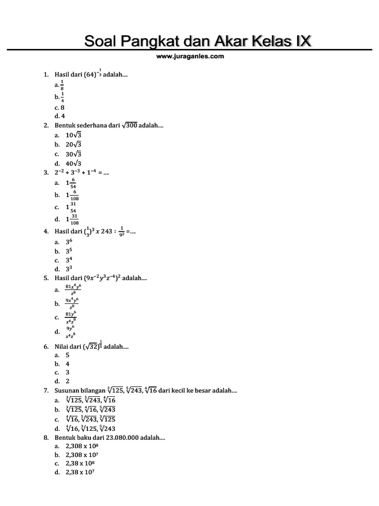 Latihan Soal Bilangan Berpangkat Dan Akar | PDF