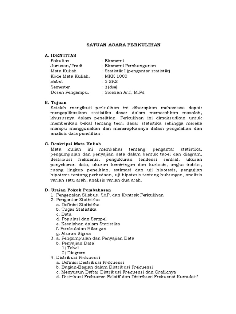 RPS Statistik I EP SMTR 2 - 1 | PDF | Seni | Sains & Matematika