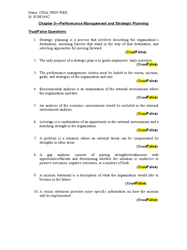 Chapter 3-Performance Management and Strategic Planning True/False ...