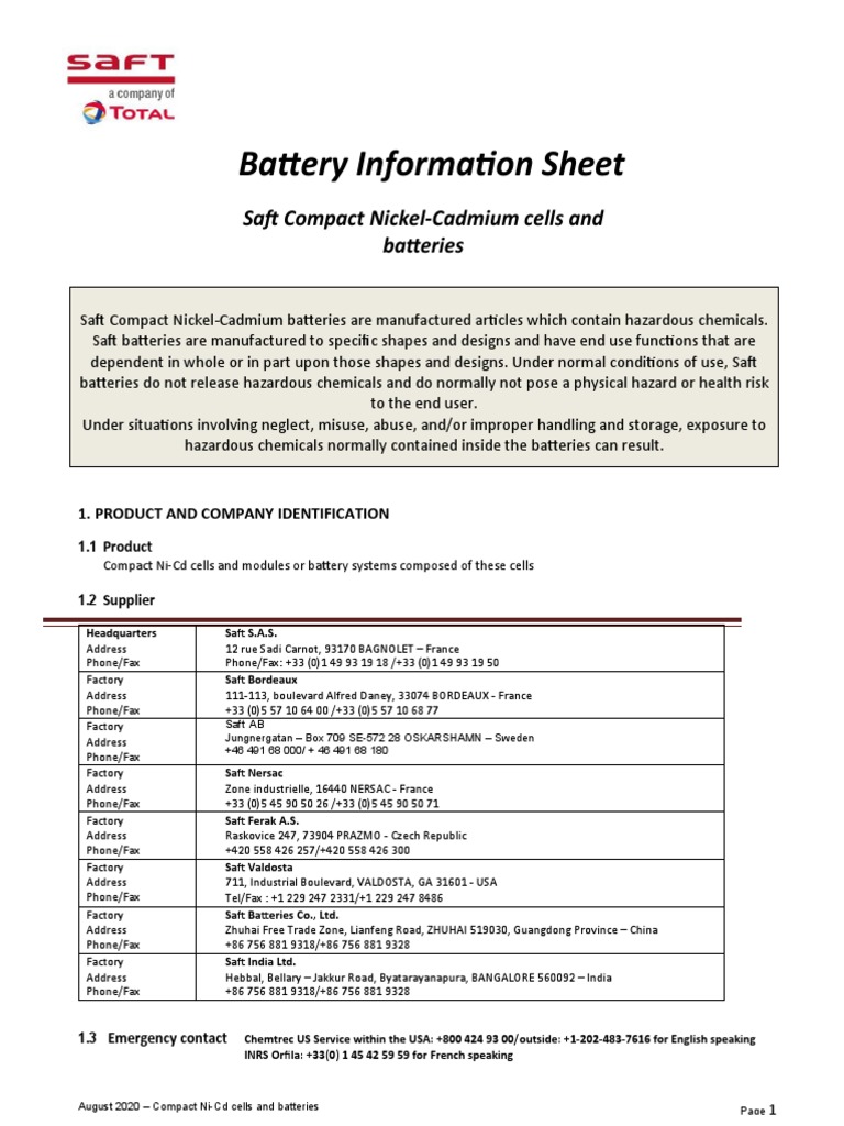 Battery Information Sheet: Saft Compact Nickel-Cadmium Cells and ...
