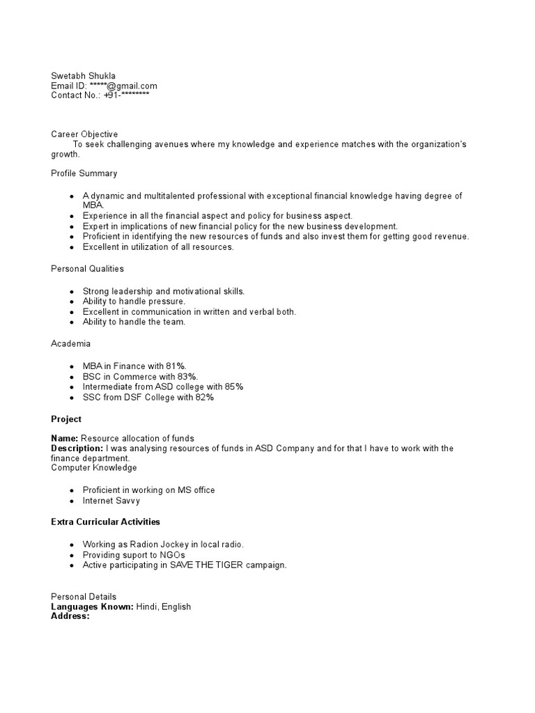 Sample Mba Finance Resume | PDF