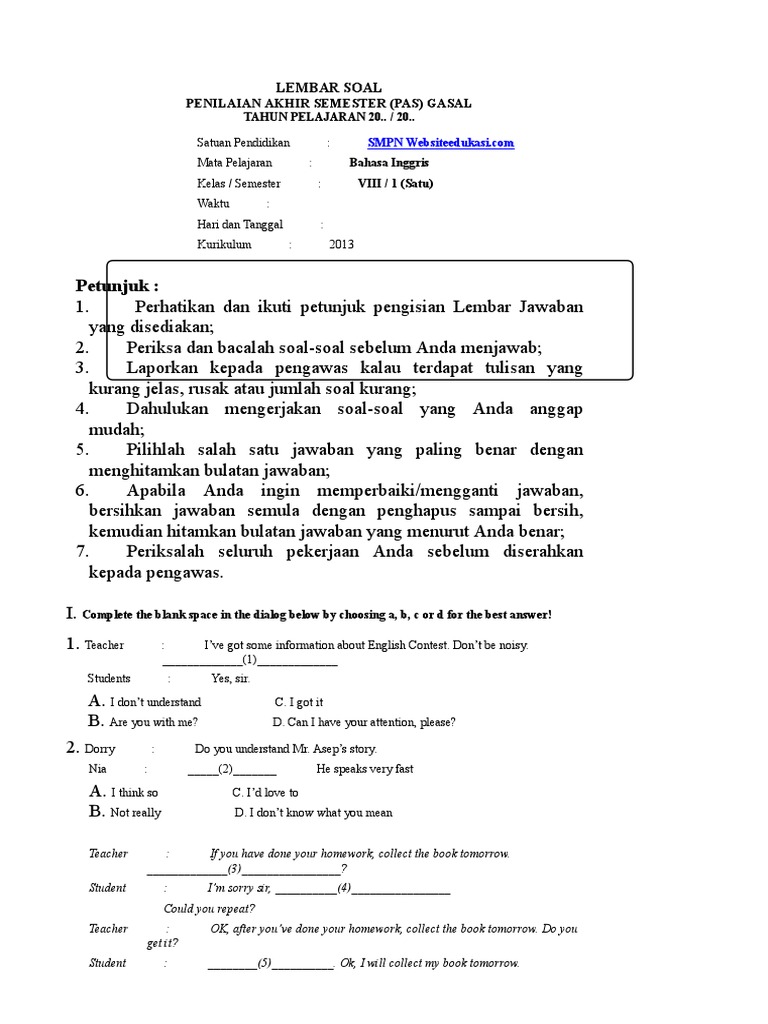 Soal PAS B.ing Kelas 8 K13 | PDF