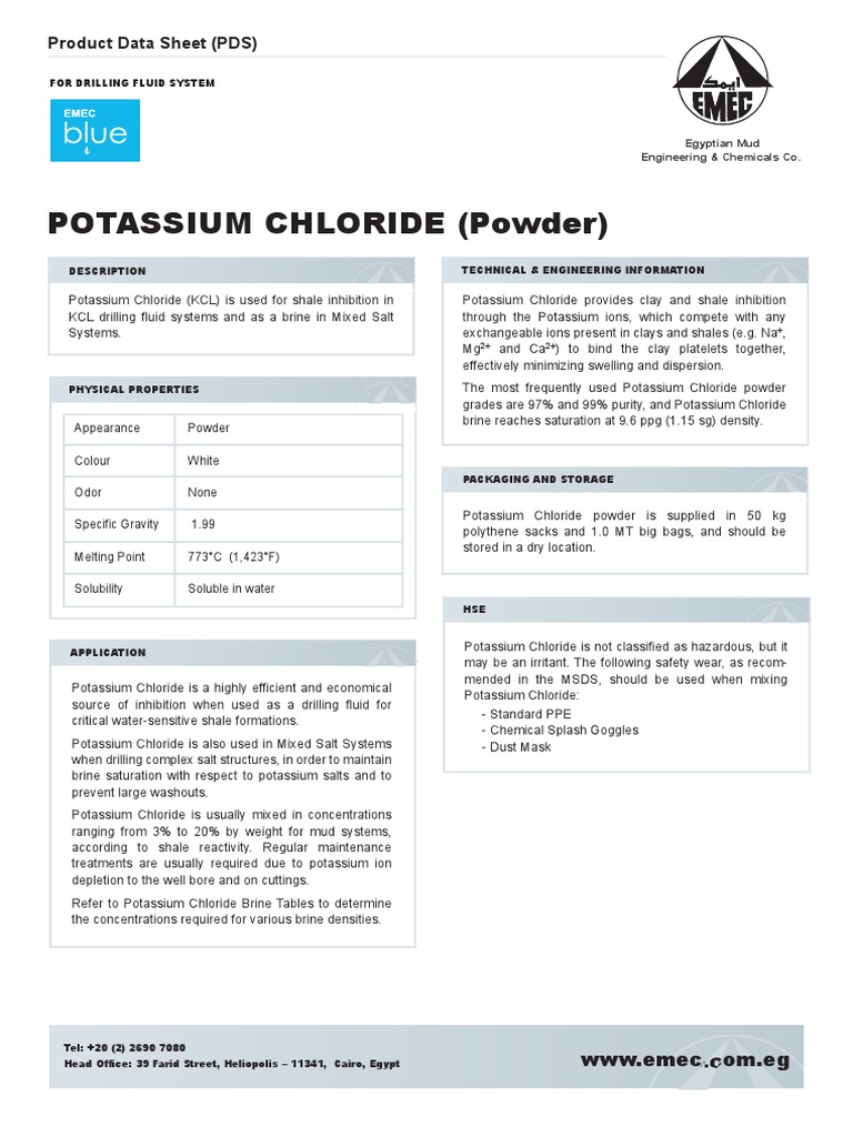 Potassium Chloride (Powder) : Product Data Sheet (PDS) | PDF | Chloride ...