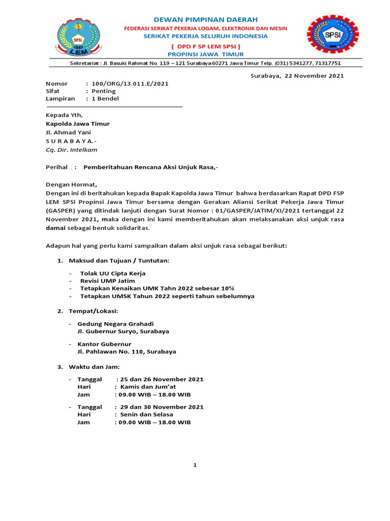 R1-Surat Unras DPD Lem Spsi | PDF