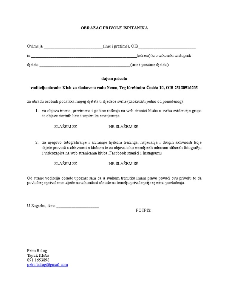 Nemo - Obrazac Privole | PDF