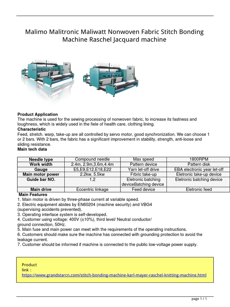 Malimo Malitronic Maliwatt Nonwoven Fabric Stitch Bonding Machine | PDF ...