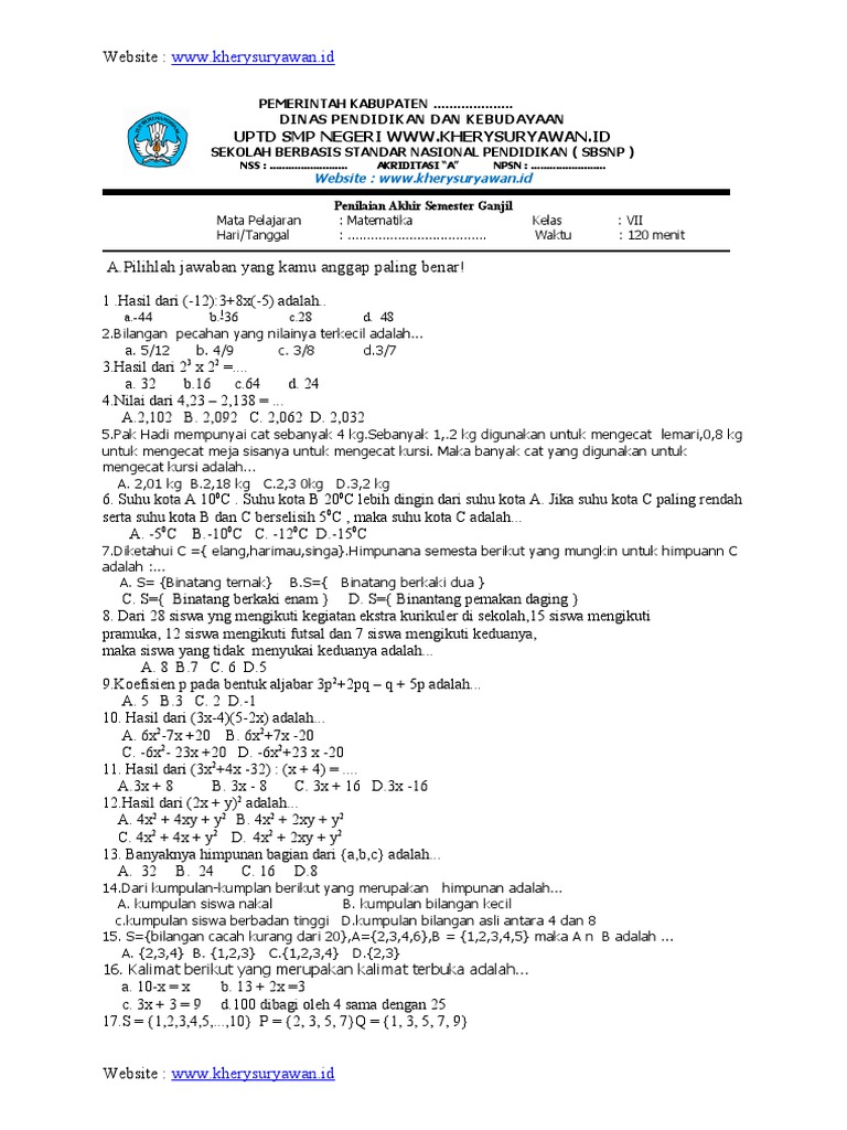 Soal PAS MTK KLS 7 VERSI 1 - WWW - Kherysuryawan.id | PDF
