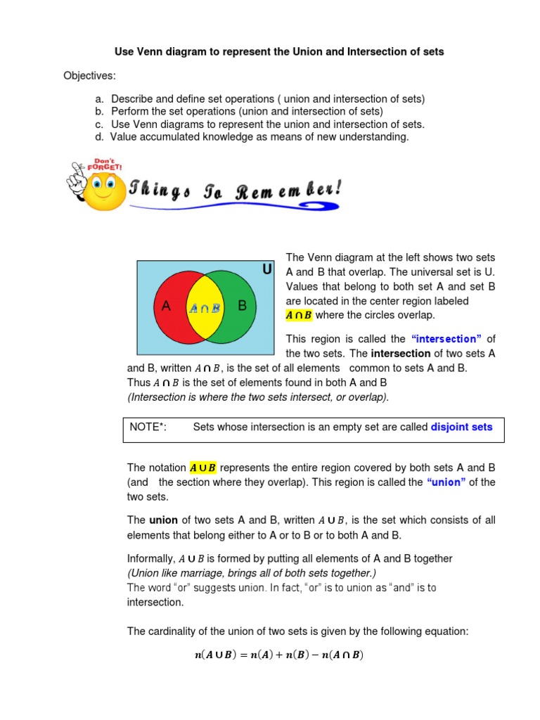 Use Venn Diagram To Represent The Union And Intersection Of Sets | Pdf 