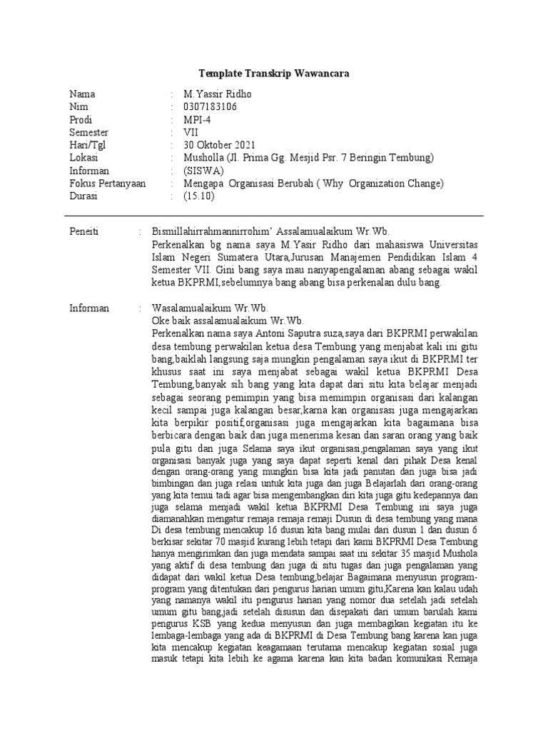 Template Transkrip Wawancara M.Yassir RIdho | PDF