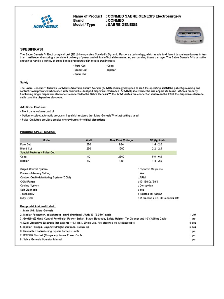 Spesifikasi Produk CONMED SABRE GENESIS Electrosurgery | PDF ...