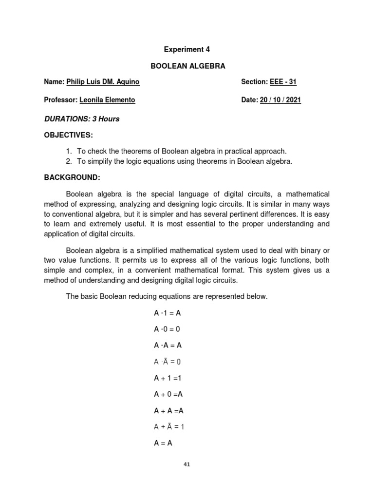 Experiment 4 Boolean Algebra2 | PDF | Teaching Mathematics | Boolean Algebra