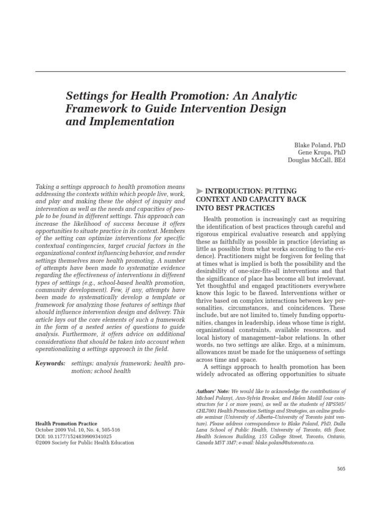 Settings For Health Promotion: An Analytic Framework To Guide ...