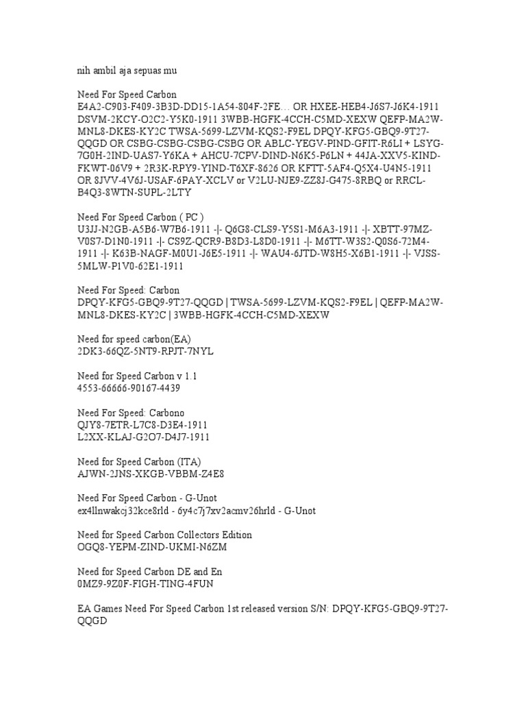 Collection of Serial Keys and Codes for Need for Speed Carbon Video ...