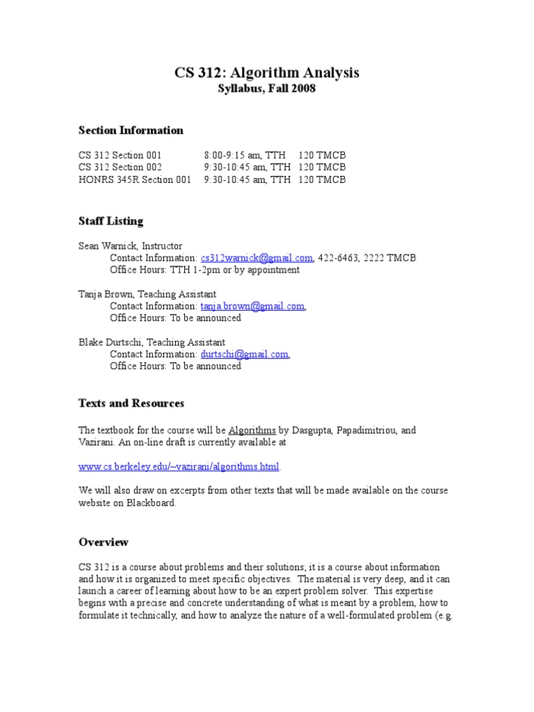 CS 312: Algorithm Analysis: Syllabus, Fall 2008 | PDF | Academic ...