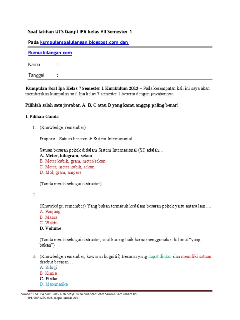 Soal Uts Ipa Kelas 7 SMT 1 | PDF | Metode & Bahan Ajar