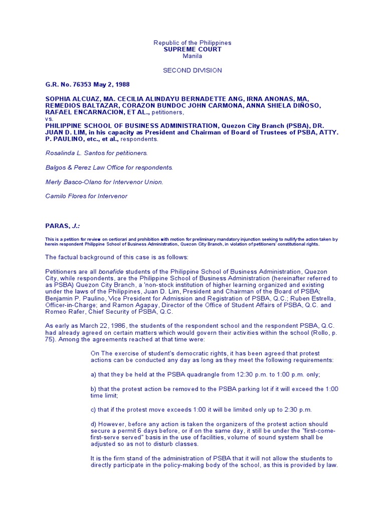 Alcuaz, Et Al. vs. Philippine School of Business Administration, Quezon ...