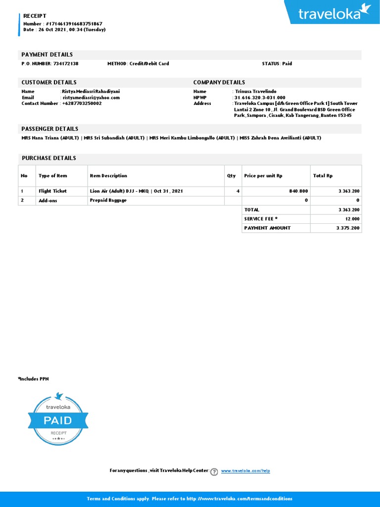 Traveloka Flight Ticket Receipt | PDF