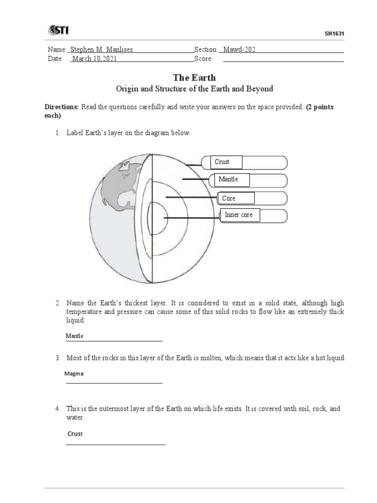 Earth's Structure Worksheet Answers | PDF