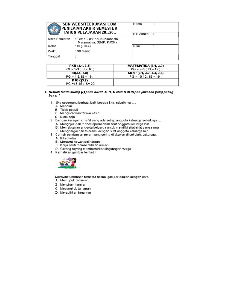 Soal PAS Kelas 3 Tema 2 - Versi 2 | PDF