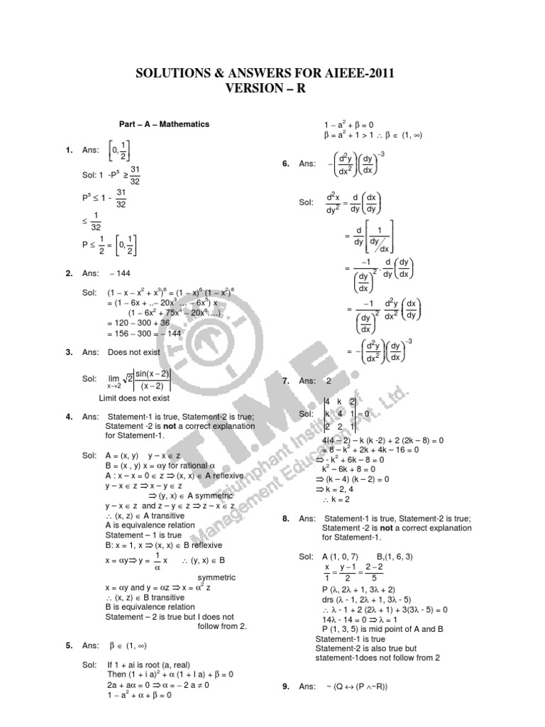 Solutions & Answers For Aieee-2011 Version - R | PDF | Chemistry | Physical Sciences