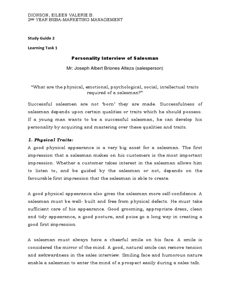 Study Guide 2 Learning Task 1 Personality Interview of Salesman | PDF ...