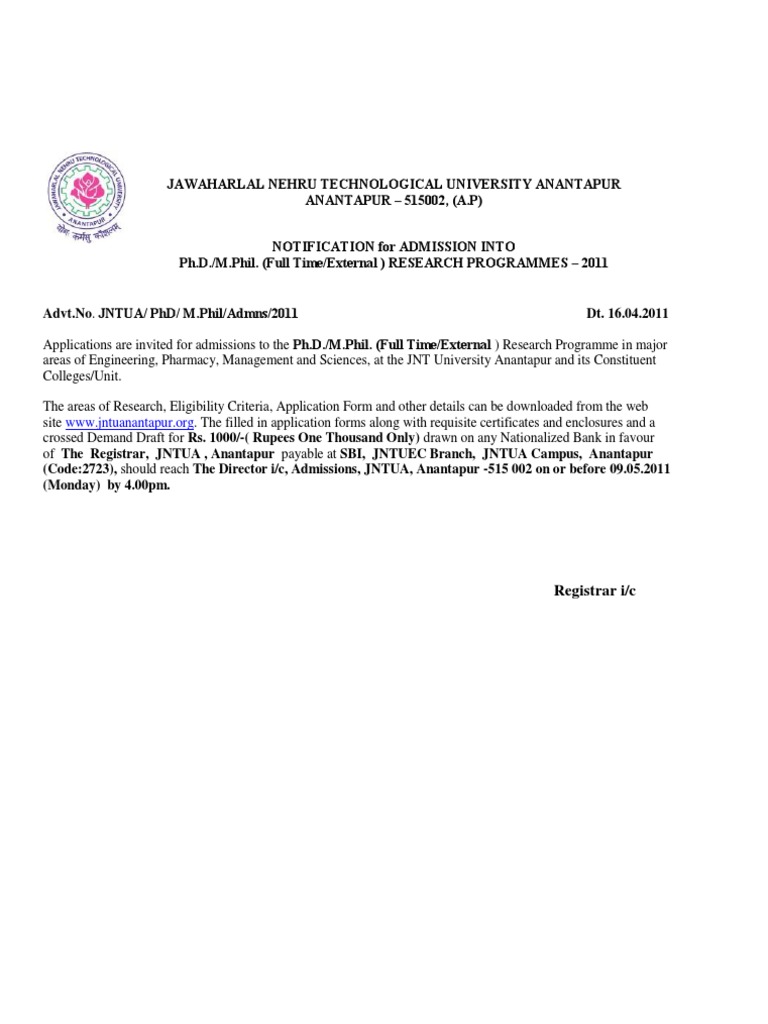 Jntu PHD | PDF | Doctor Of Philosophy | University And College Admission