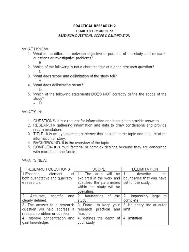 Practical Research 2: Research Questions, Scope & Delimitation | PDF ...