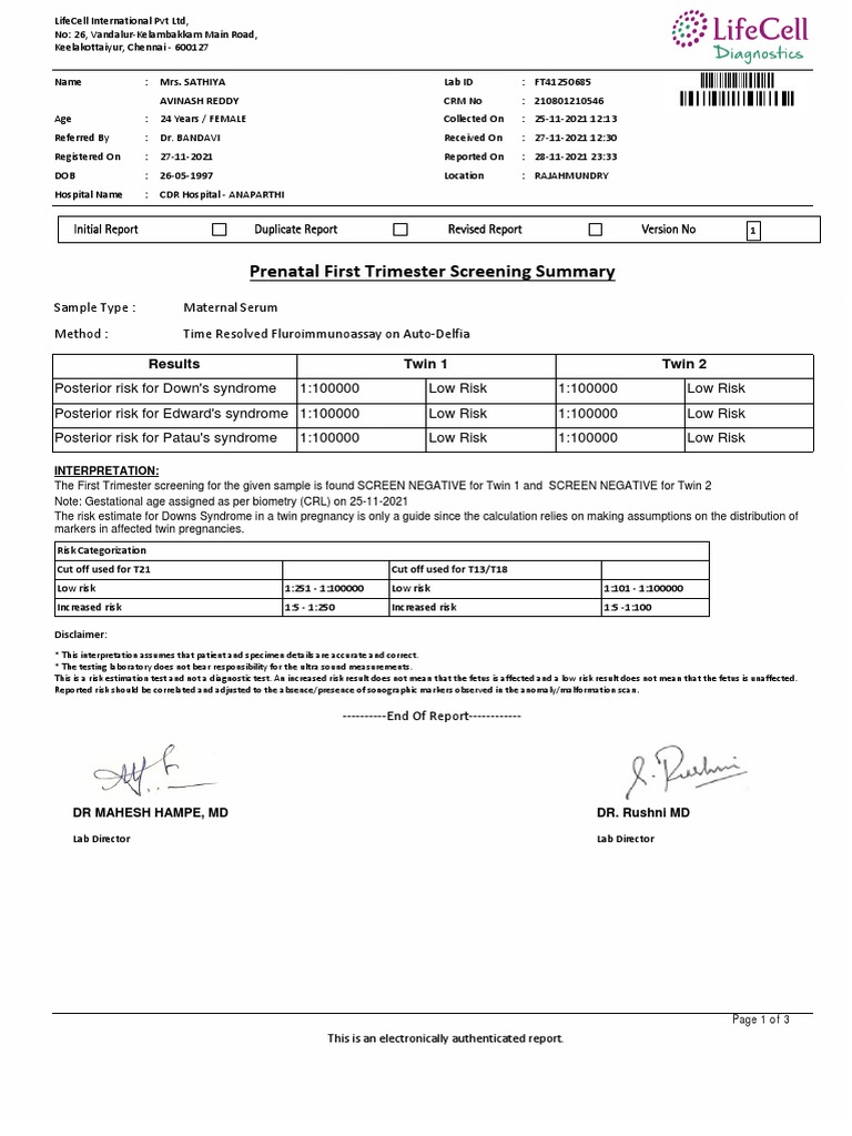 Prenatal First Trimester Screening Summary Report for Mrs. SATHIYA ...