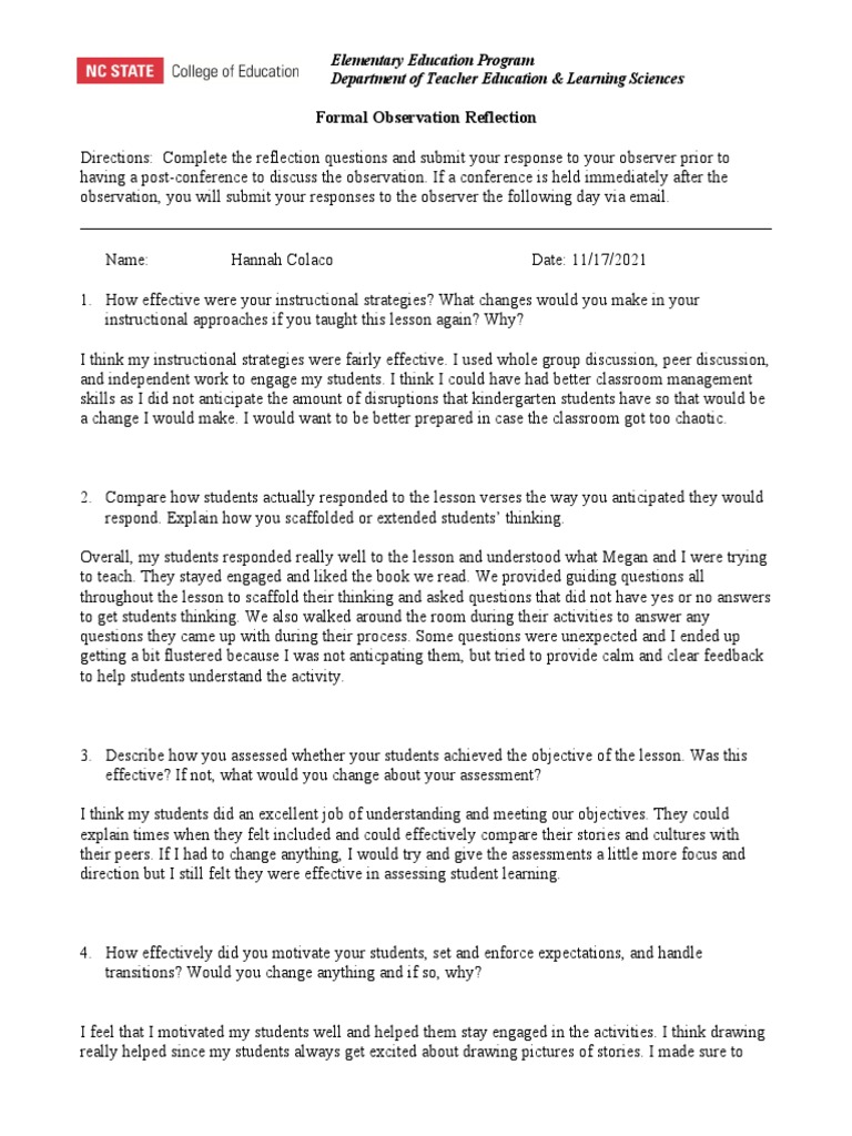 Formal Observation Reflection: Elementary Education Program Department ...
