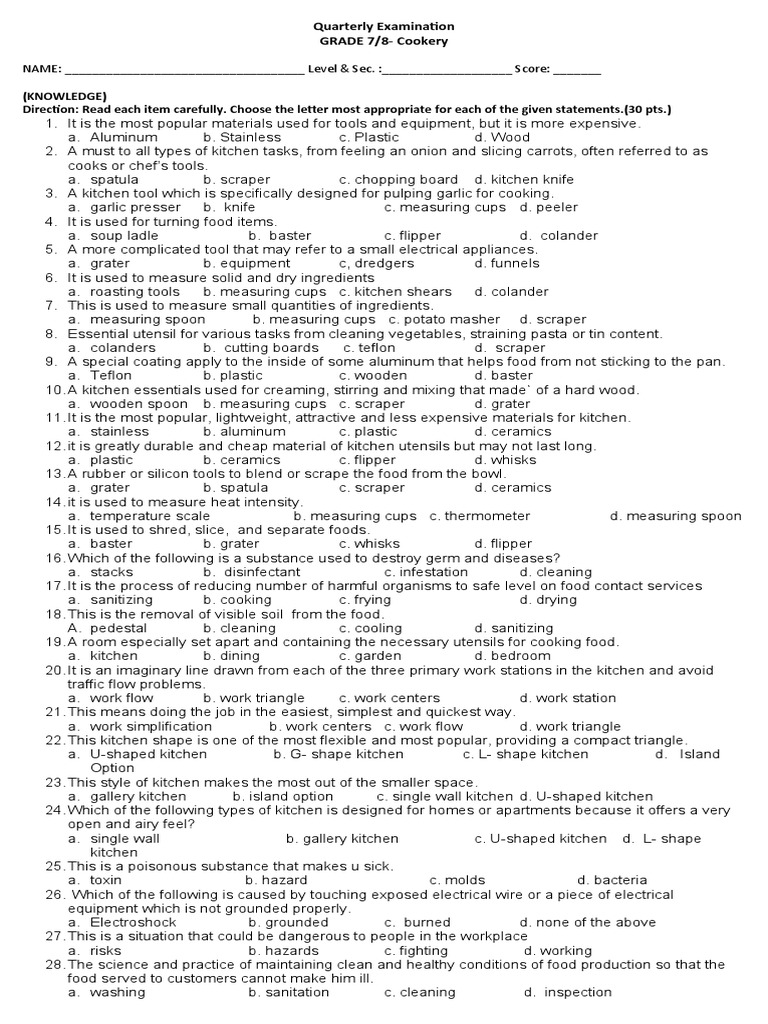 Kitchen Safety and Sanitation: An Analysis of a Cookery Exam | PDF ...