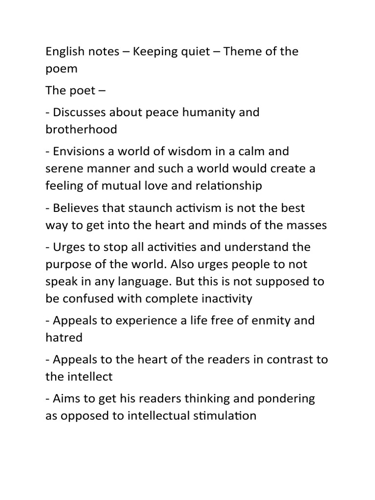 English Notes Keeping Quiet | PDF | Poetry | Peace