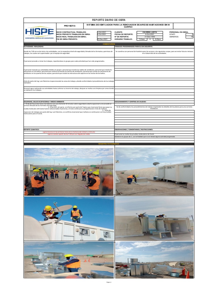 MINA JUSTA 2021 - Reporte Diario de Obra 01 | PDF