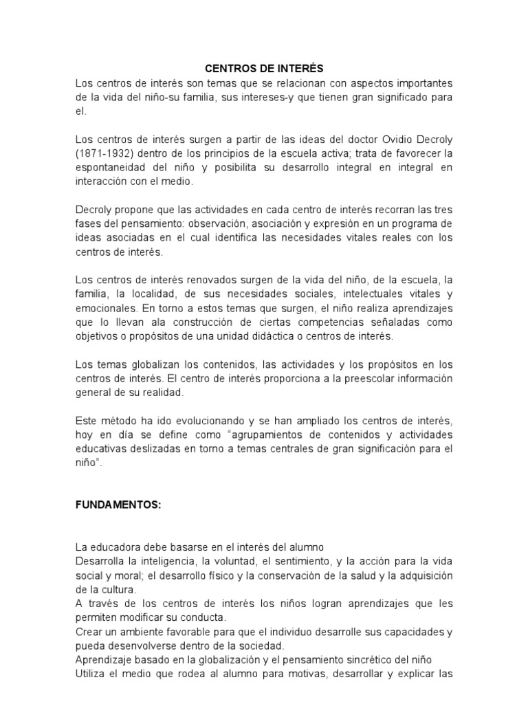 Centros de Interés en Educación Preescolar | PDF | Aprendizaje | Aparición