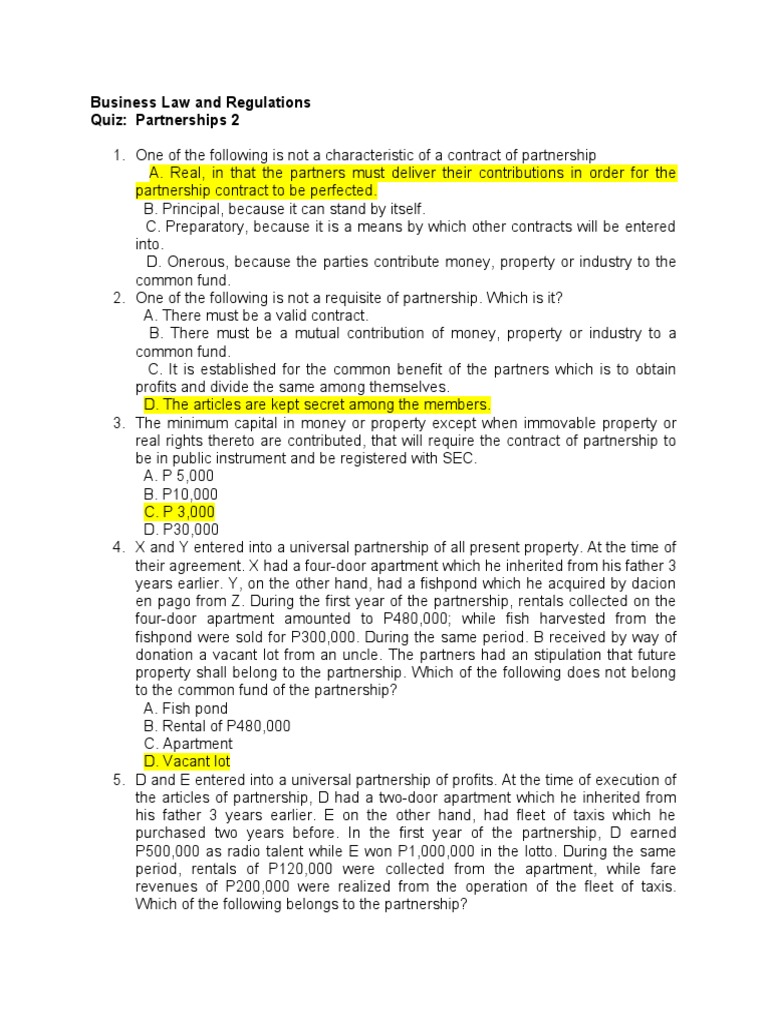 Partnership Law Quiz and Concepts | PDF | Partnership | Debt