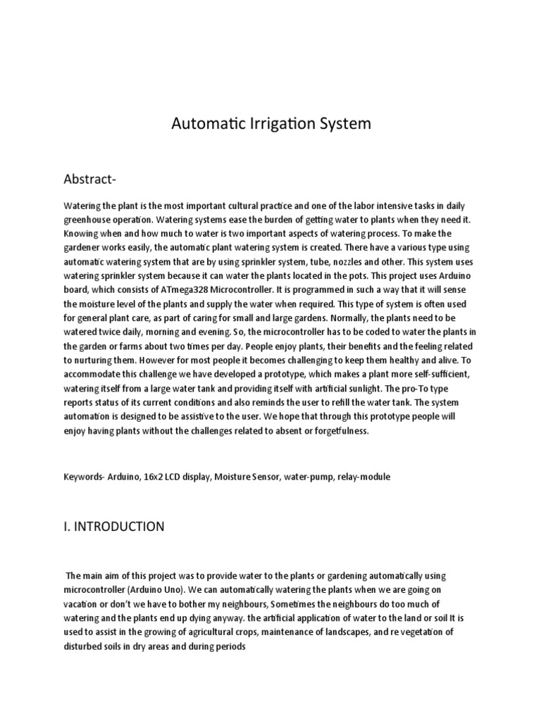 Automatic Irrigation System Synopsis | PDF | Irrigation | Electrical ...