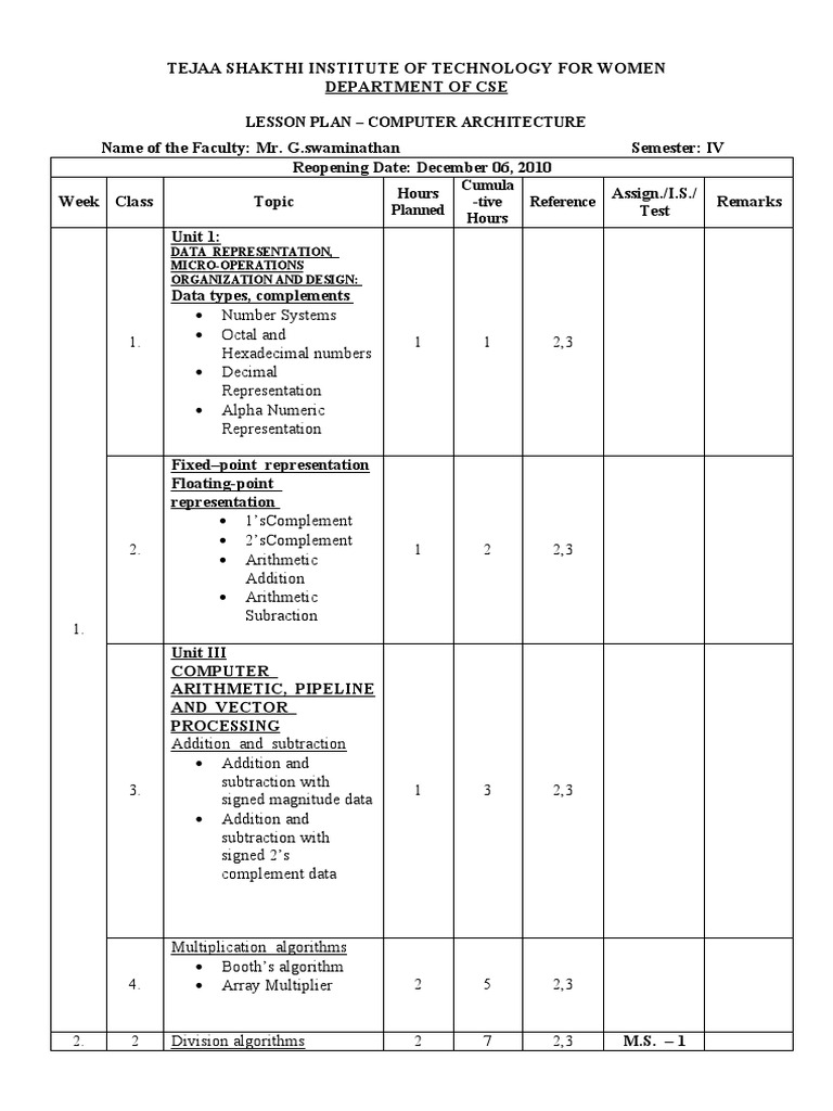 Lesson Plan - Computer Architecture: Data Representation, Micro ...
