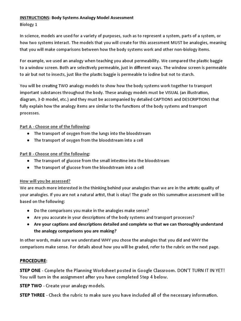 Instructions Body Systems Analogy Model Revised Google Classroom ...