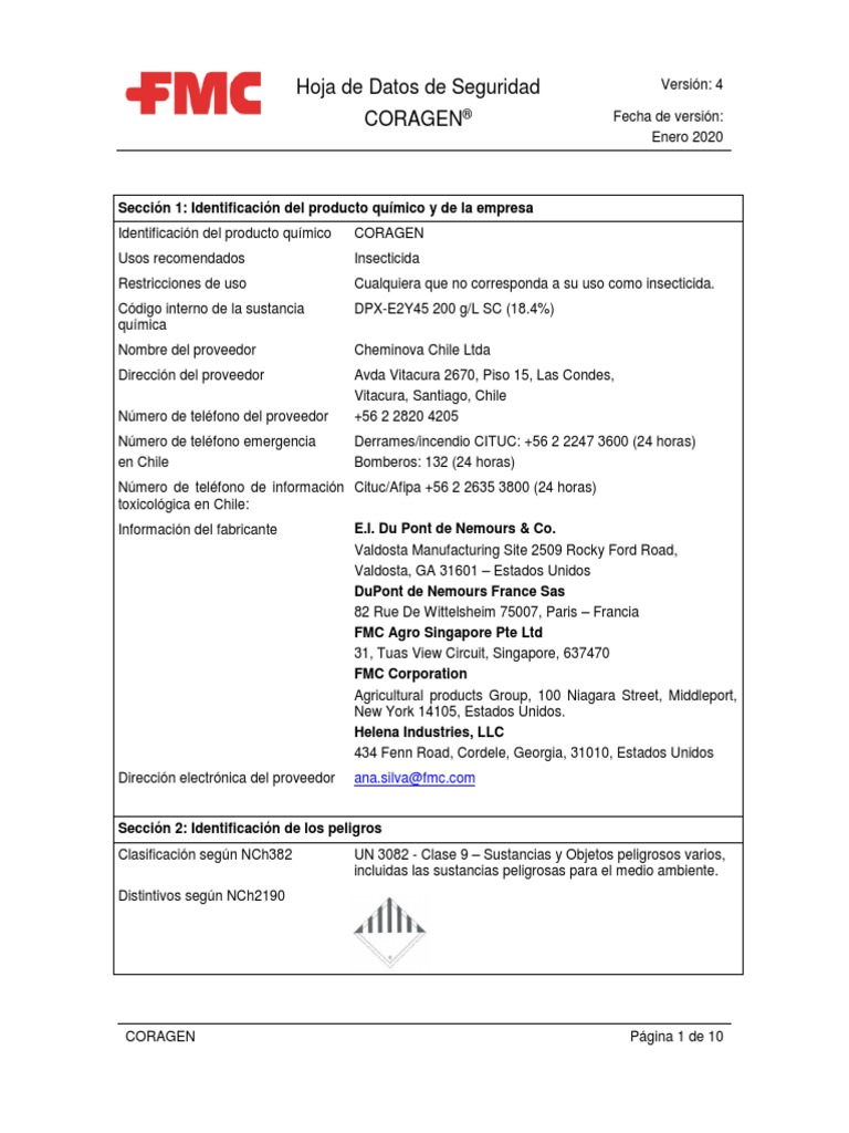 CORAGEN Hoja de Seguridad | Descargar gratis PDF | Agua | Toxicidad