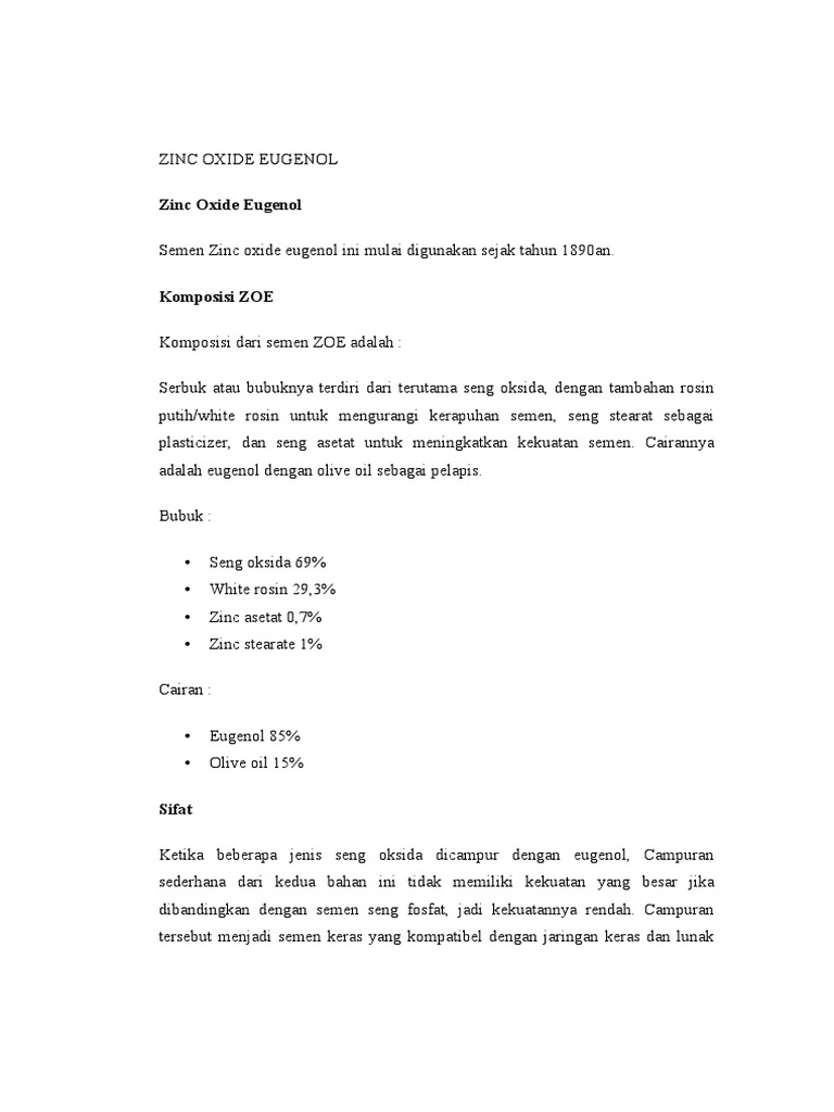 Semen Zinc Oxide Eugenol: Komposisi dan Aplikasi | PDF | Kesehatan Holistik