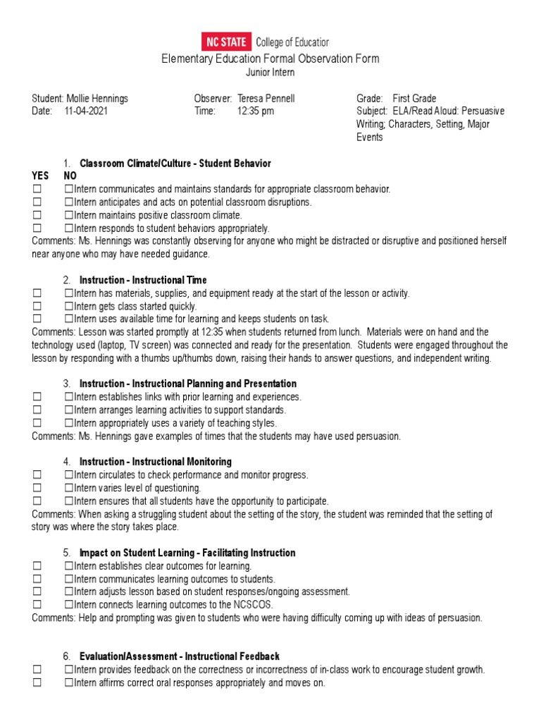 Elm Formal Observation Form Mollie Hennings | PDF | Mentorship | Classroom