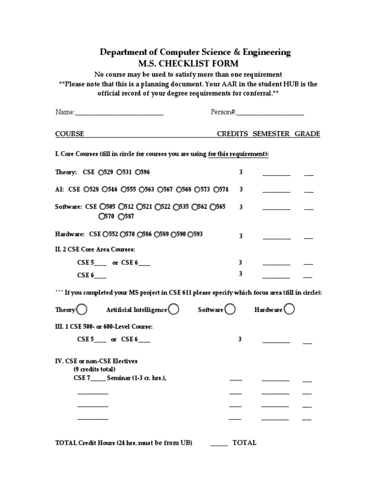 Department of Computer Science & Engineering M.S. Checklist Form | PDF ...