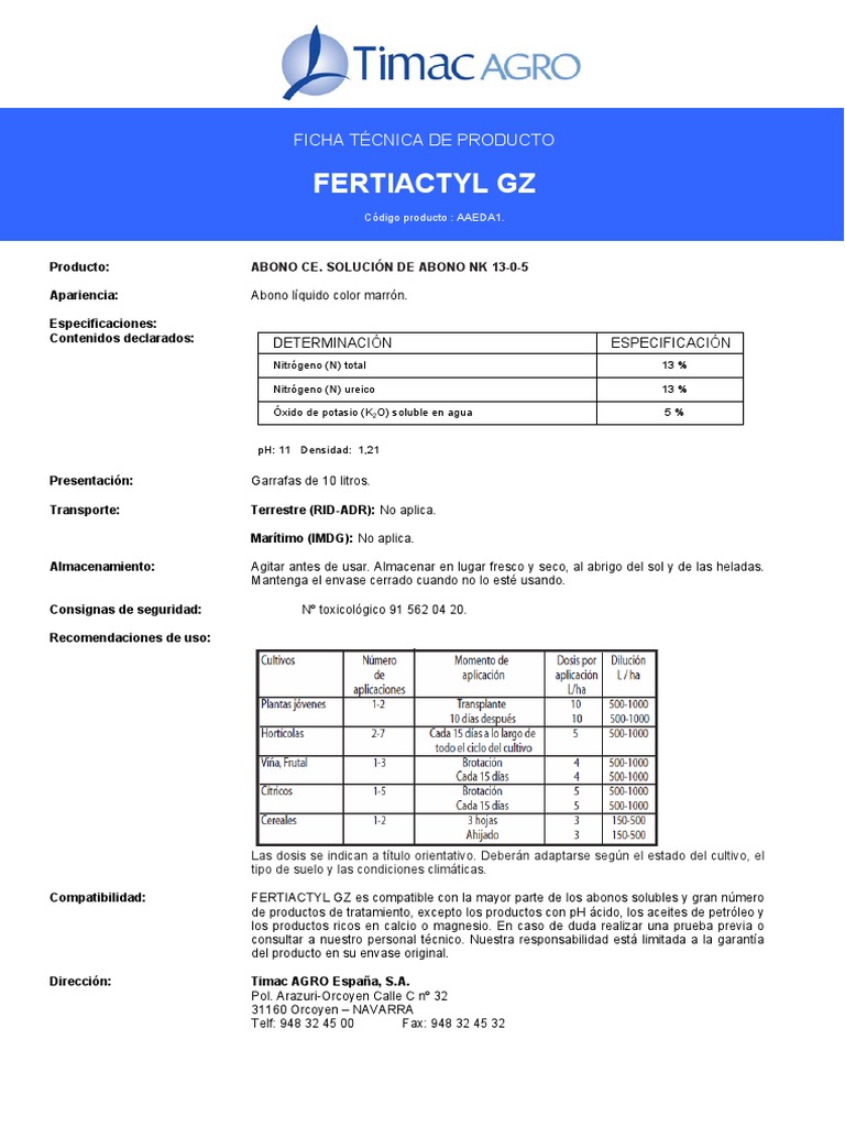 Ficha Técnica Fertiactyl GZ | PDF