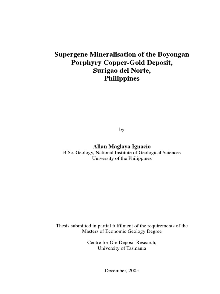 Supergene Mineralisation of The Boyongan Porphyry Copper-Gold Deposit ...